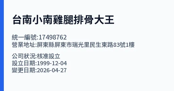 台南小南雞腿排骨大王的照片-統編 17498762(屏東縣) 公司登記資料與營業項目詳細圖表