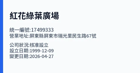 紅花綠葉廣場的照片-統編 17499333(屏東縣) 公司登記資料與營業項目詳細圖表