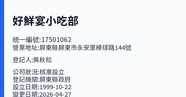 好鮮宴小吃部的照片-統編 17501062(屏東縣) 公司登記資料與營業項目詳細圖表