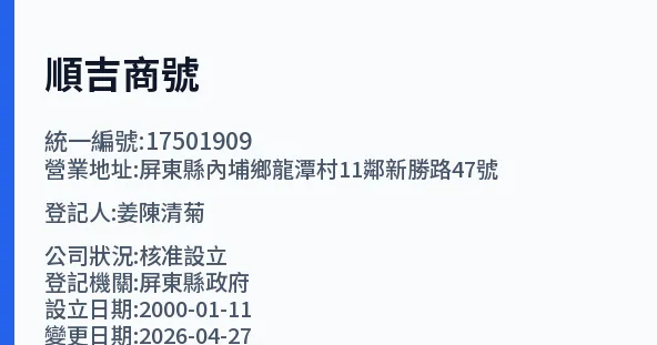 順吉商號的照片-統編 17501909(屏東縣) 公司登記資料與營業項目詳細圖表