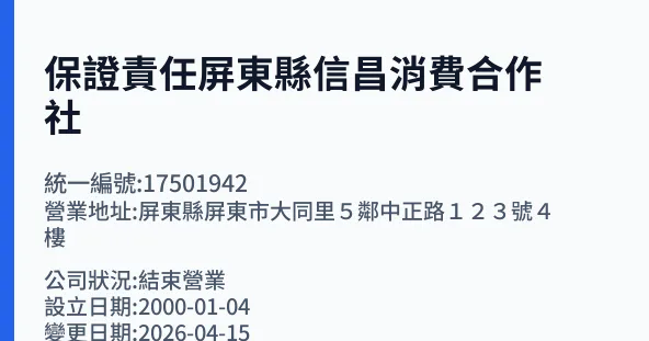 保證責任屏東縣信昌消費合作社的照片-統編 17501942(屏東縣) 公司登記資料與營業項目詳細圖表