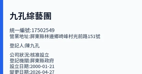 九孔綜藝團的照片-統編 17502549(屏東縣) 公司登記資料與營業項目詳細圖表