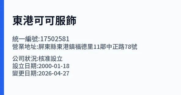 東港可可服飾的照片-統編 17502581(屏東縣) 公司登記資料與營業項目詳細圖表