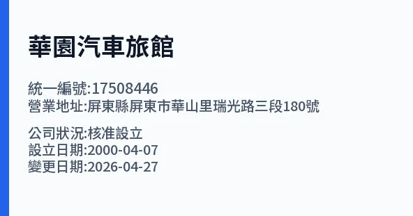 華園汽車旅館的照片-統編 17508446(屏東縣) 公司登記資料與營業項目詳細圖表