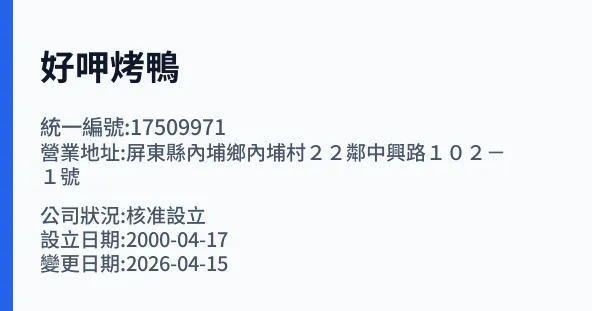 好呷烤鴨的照片-統編 17509971(屏東縣) 公司登記資料與營業項目詳細圖表