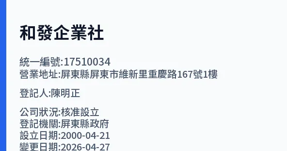 和發企業社的照片-統編 17510034(屏東縣) 公司登記資料與營業項目詳細圖表