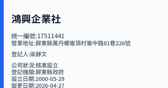 鴻興企業社的照片-統編 17511441(屏東縣) 公司登記資料與營業項目詳細圖表