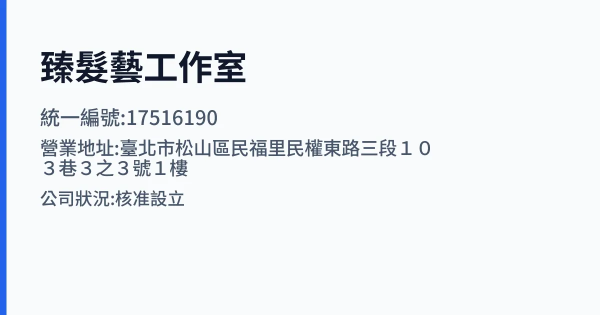 臻髮藝工作室 - 統編 17516190(臺北市) 公司登記資料與營業項目詳細圖表