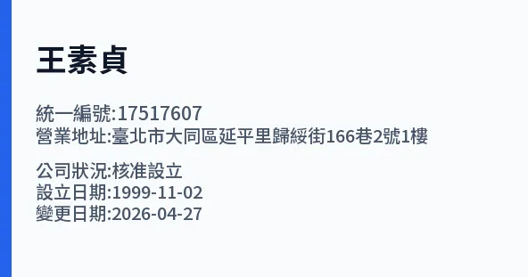 王素貞的照片-統編 17517607(臺北市) 公司登記資料與營業項目詳細圖表
