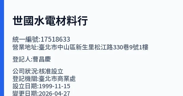世國水電材料行的照片-統編 17518633(臺北市) 公司登記資料與營業項目詳細圖表