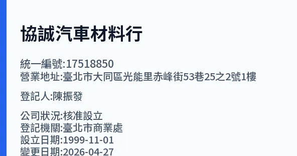 協誠汽車材料行的照片-統編 17518850(臺北市) 公司登記資料與營業項目詳細圖表