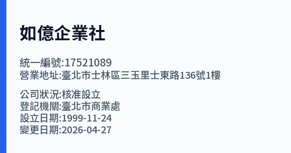 如億企業社的照片-統編 17521089(臺北市) 公司登記資料與營業項目詳細圖表