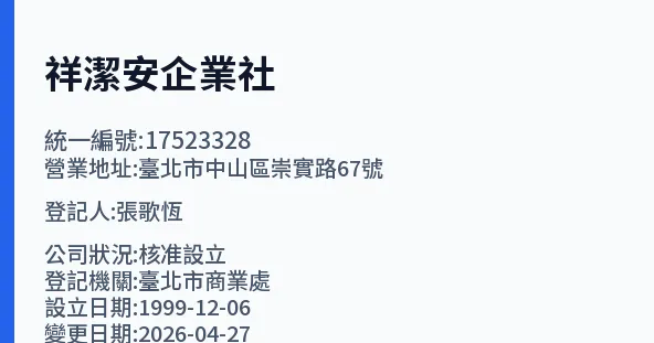 祥潔安企業社的照片-統編 17523328(臺北市) 公司登記資料與營業項目詳細圖表