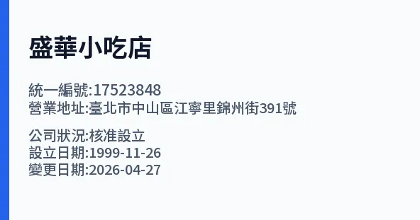 盛華小吃店的照片-統編 17523848(臺北市) 公司登記資料與營業項目詳細圖表