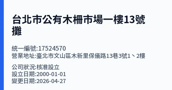台北市公有木柵市場一樓13號攤的照片-統編 17524570(臺北市) 公司登記資料與營業項目詳細圖表