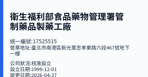 衛生福利部食品藥物管理署管制藥品製藥工廠的照片-統編 17525515(臺北市) 公司登記資料與營業項目詳細圖表