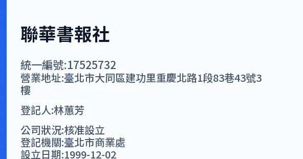 聯華書報社的照片-統編 17525732(臺北市) 公司登記資料與營業項目詳細圖表