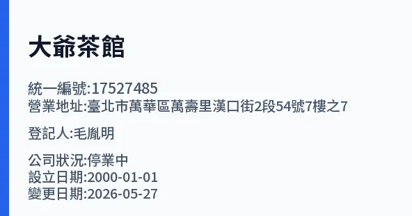 大爺茶館的照片-統編 17527485(臺北市) 公司登記資料與營業項目詳細圖表