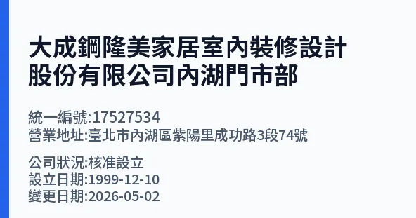 大成鋼隆美家居室內裝修設計股份有限公司內湖門市部的照片-統編 17527534(臺北市) 公司登記資料與營業項目詳細圖表