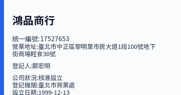 鴻品商行的照片-統編 17527653(臺北市) 公司登記資料與營業項目詳細圖表