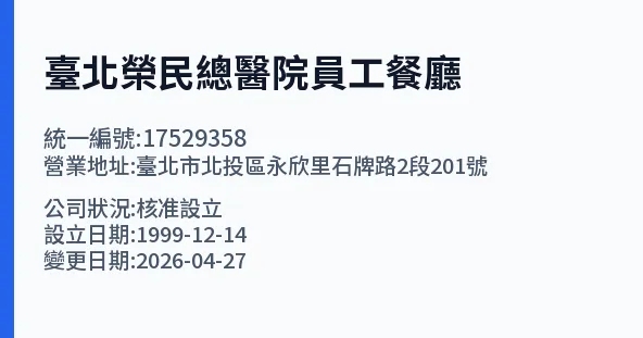 臺北榮民總醫院員工餐廳的照片-統編 17529358(臺北市) 公司登記資料與營業項目詳細圖表