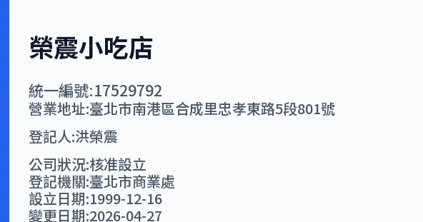 榮震小吃店的照片-統編 17529792(臺北市) 公司登記資料與營業項目詳細圖表