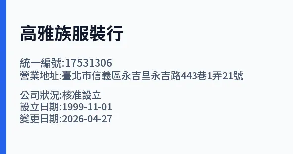 高雅族服裝行的照片-統編 17531306(臺北市) 公司登記資料與營業項目詳細圖表
