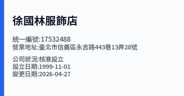 徐國林服飾店的照片-統編 17532488(臺北市) 公司登記資料與營業項目詳細圖表