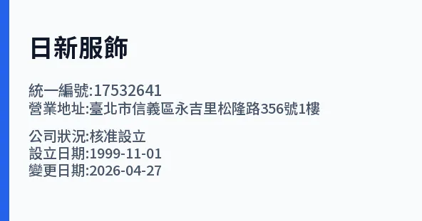 日新服飾的照片-統編 17532641(臺北市) 公司登記資料與營業項目詳細圖表