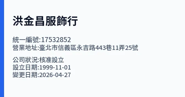 洪金昌服飾行的照片-統編 17532852(臺北市) 公司登記資料與營業項目詳細圖表