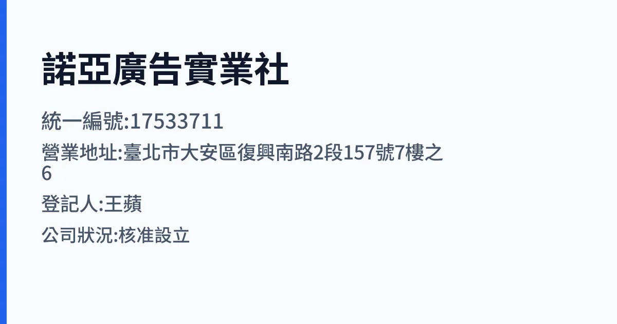 諾亞廣告實業社 - 統編 17533711(臺北市) 公司登記資料與營業項目詳細圖表