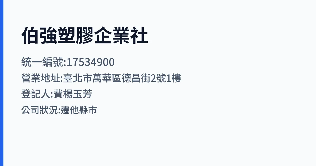 伯強塑膠企業社 - 統編 17534900(新北市) 公司登記資料與營業項目詳細圖表