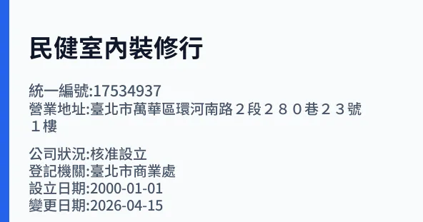 民健室內裝修行的照片-統編 17534937(臺北市) 公司登記資料與營業項目詳細圖表