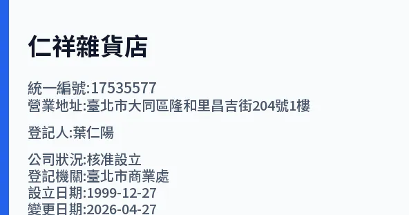 仁祥雜貨店的照片-統編 17535577(臺北市) 公司登記資料與營業項目詳細圖表