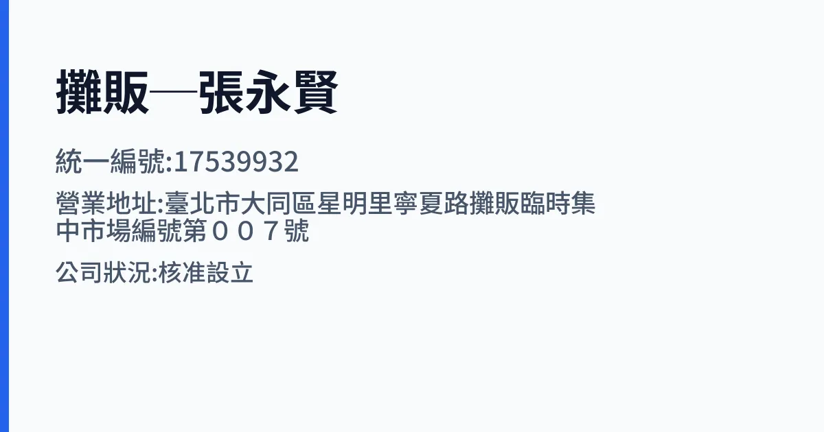 攤販─張永賢 - 統編 17539932(臺北市) 公司登記資料與營業項目詳細圖表