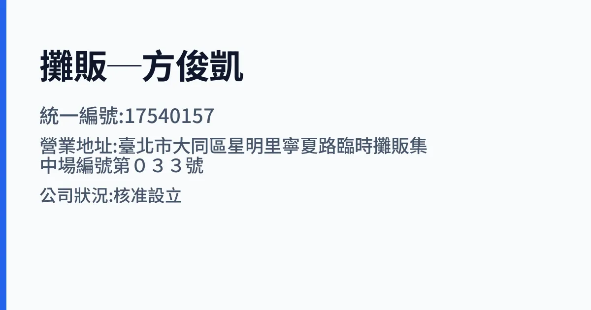 攤販─方俊凱 - 統編 17540157(臺北市) 公司登記資料與營業項目詳細圖表