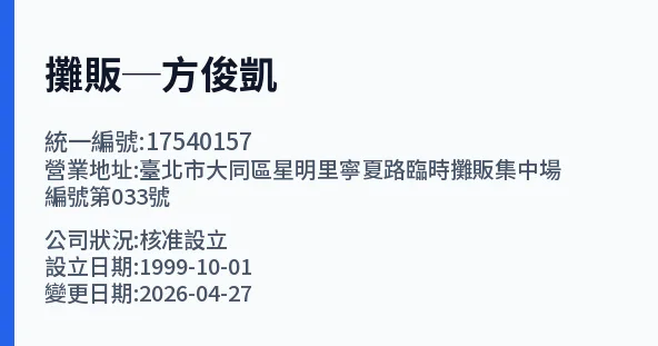攤販─方俊凱的照片-統編 17540157(臺北市) 公司登記資料與營業項目詳細圖表