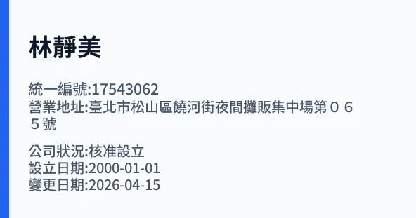 林靜美的照片-統編 17543062(臺北市) 公司登記資料與營業項目詳細圖表