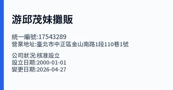 游邱茂妹攤販的照片-統編 17543289(臺北市) 公司登記資料與營業項目詳細圖表