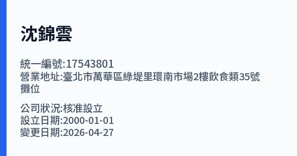 沈錦雲的照片-統編 17543801(臺北市) 公司登記資料與營業項目詳細圖表