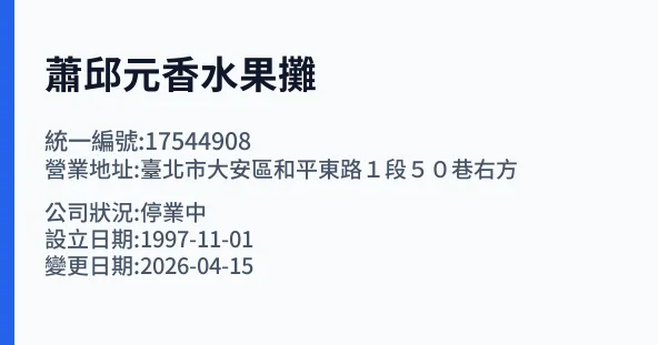 蕭邱元香水果攤的照片-統編 17544908(臺北市) 公司登記資料與營業項目詳細圖表