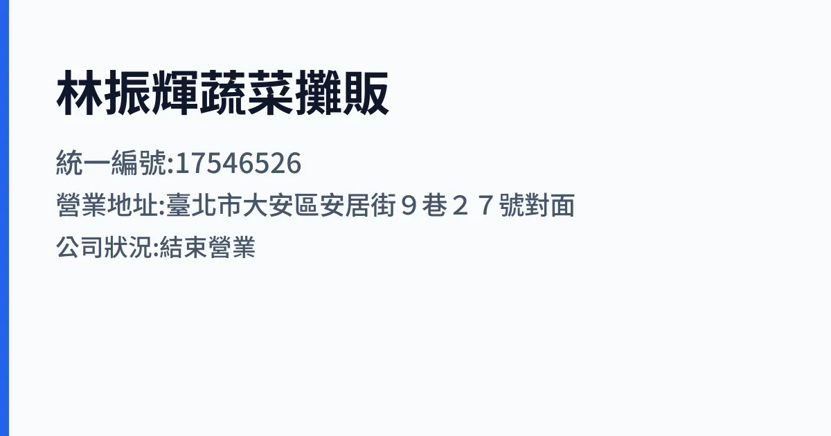 林振輝蔬菜攤販 - 統編 17546526(臺北市) 公司登記資料與營業項目詳細圖表