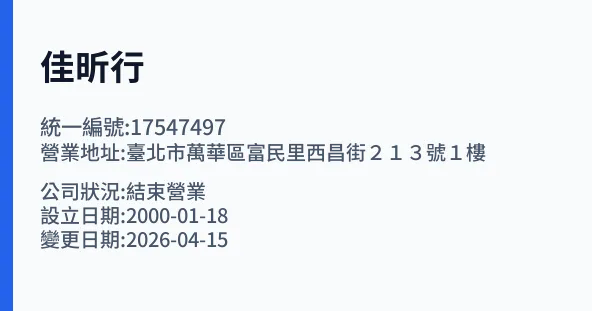 佳昕行的照片-統編 17547497(臺北市) 公司登記資料與營業項目詳細圖表