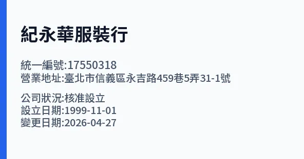 紀永華服裝行的照片-統編 17550318(臺北市) 公司登記資料與營業項目詳細圖表
