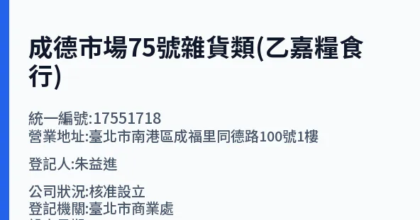 成德市場75號雜貨類(乙嘉糧食行)的照片-統編 17551718(臺北市) 公司登記資料與營業項目詳細圖表