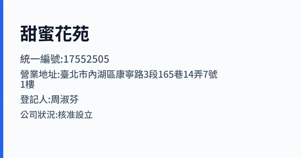 甜蜜花苑 - 統編 17552505(臺北市) 公司登記資料與營業項目詳細圖表