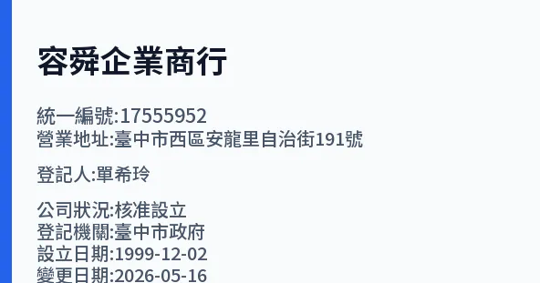 容舜企業商行的照片-統編 17555952(臺中市) 公司登記資料與營業項目詳細圖表
