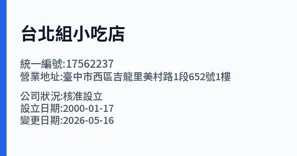 台北組小吃店的照片-統編 17562237(臺中市) 公司登記資料與營業項目詳細圖表