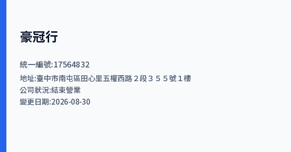 豪冠行的照片-統編 17564832(臺中市) 公司登記資料與營業項目詳細圖表