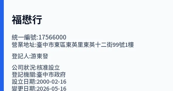 福懋行的照片-統編 17566000(臺中市) 公司登記資料與營業項目詳細圖表